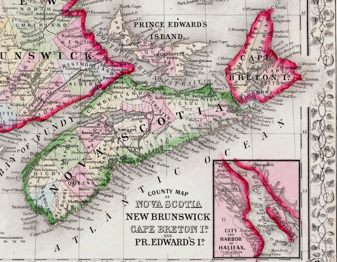 1867 Antique Hand-coloured Mitchell Map of Nova Scotia, New Brunswick ...