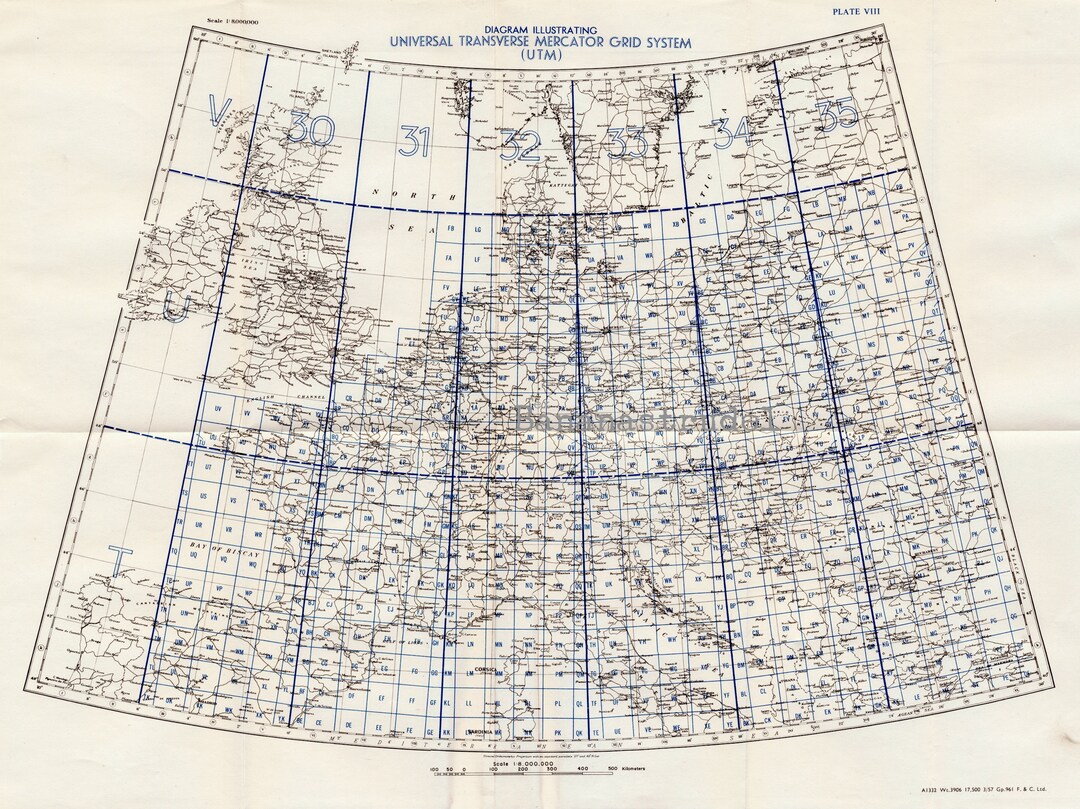Vintage Map of Great Britain - Universal Transverse Mercator Grid ...