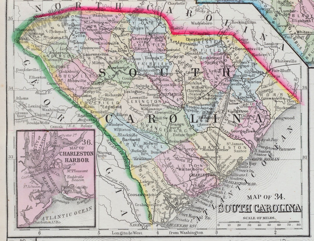 1867 Antique Hand-coloured Mitchell Map of North Carolina - South ...