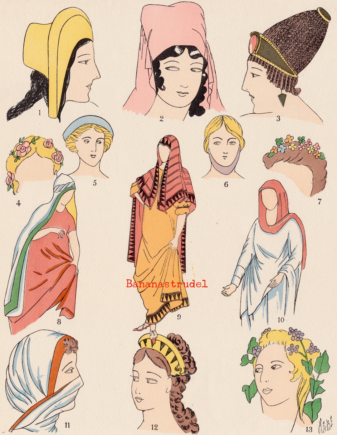 Antique Print of Roman Women's Hats and Hairstyles - 1925 Art Deco ...