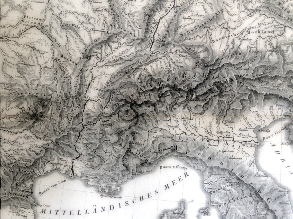 1851 Vintage Map of Central Europe Rivers and Mountains - Etsy