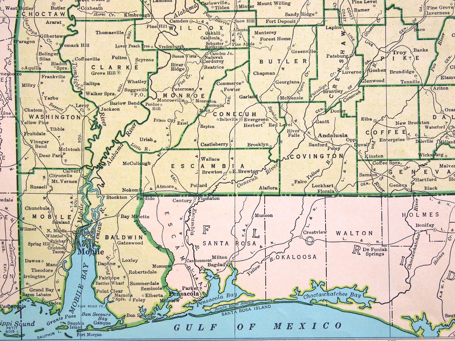 1943 Blue and Emerald Green Vintage Map of Alabama - Etsy