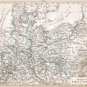 Antique Map of the Kingdom of Prussia - Black and White - 1851 German ...