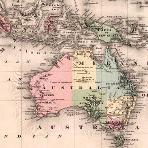 1880 Antique Handcolored Map of Oceania - Pacific Islands - Australia ...