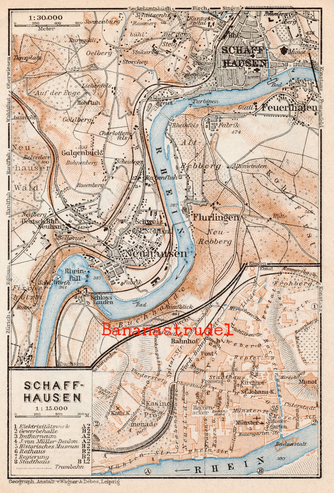 Antique Map of Schaffhausen and Konstanz, Germany - 1929 City Map - Etsy