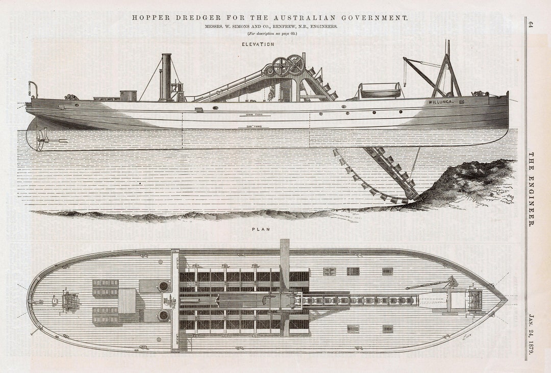 Antique Print of a Hopper Dredger for the Australian Government ...