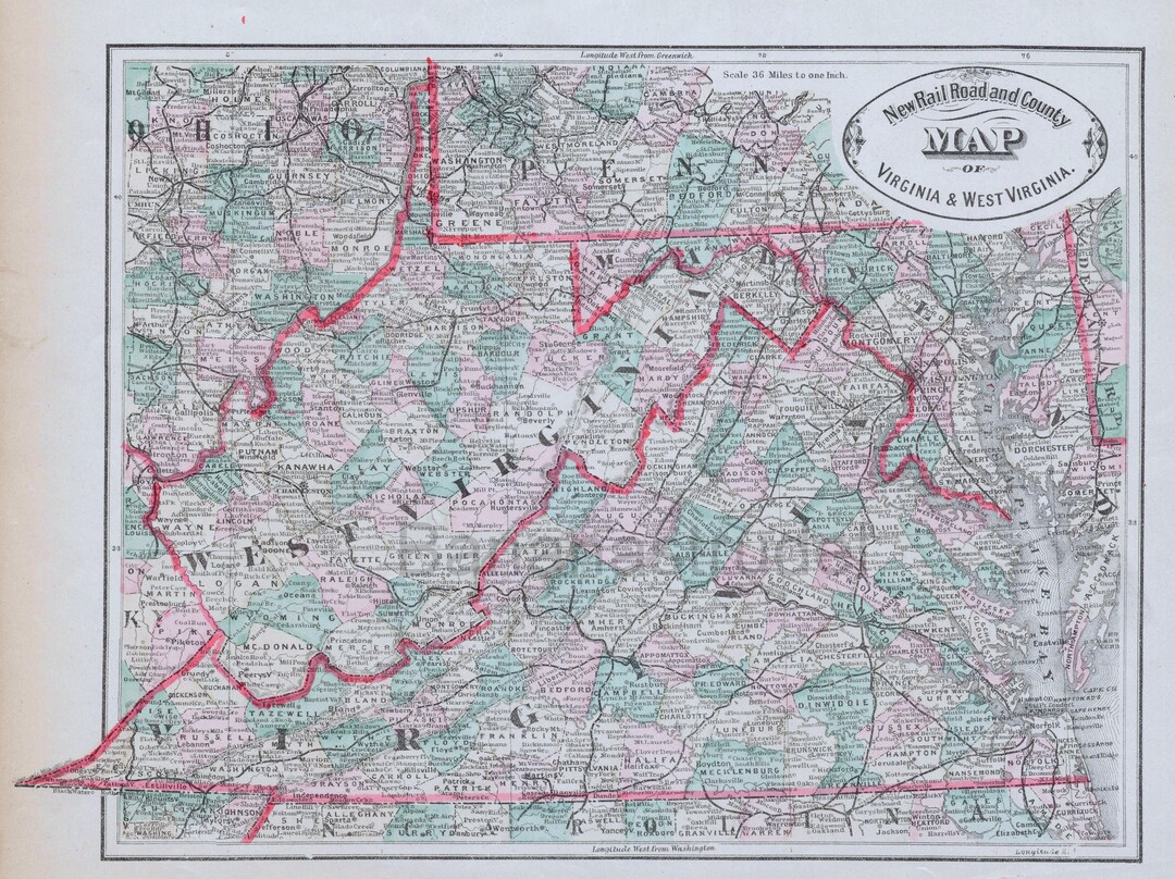 Antique Railway and County Map of Virginia and West Virginia 1800s Map ...