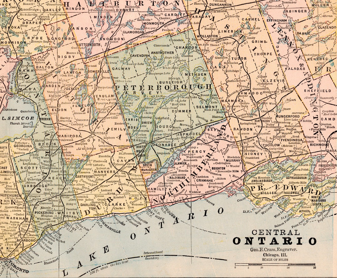 Antique Map of Central Ontario, Canada - Antique Ontario Map (central ...