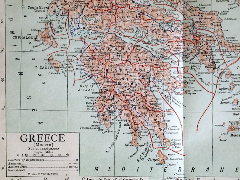 1911 Antique Map of Greece Modern | Etsy