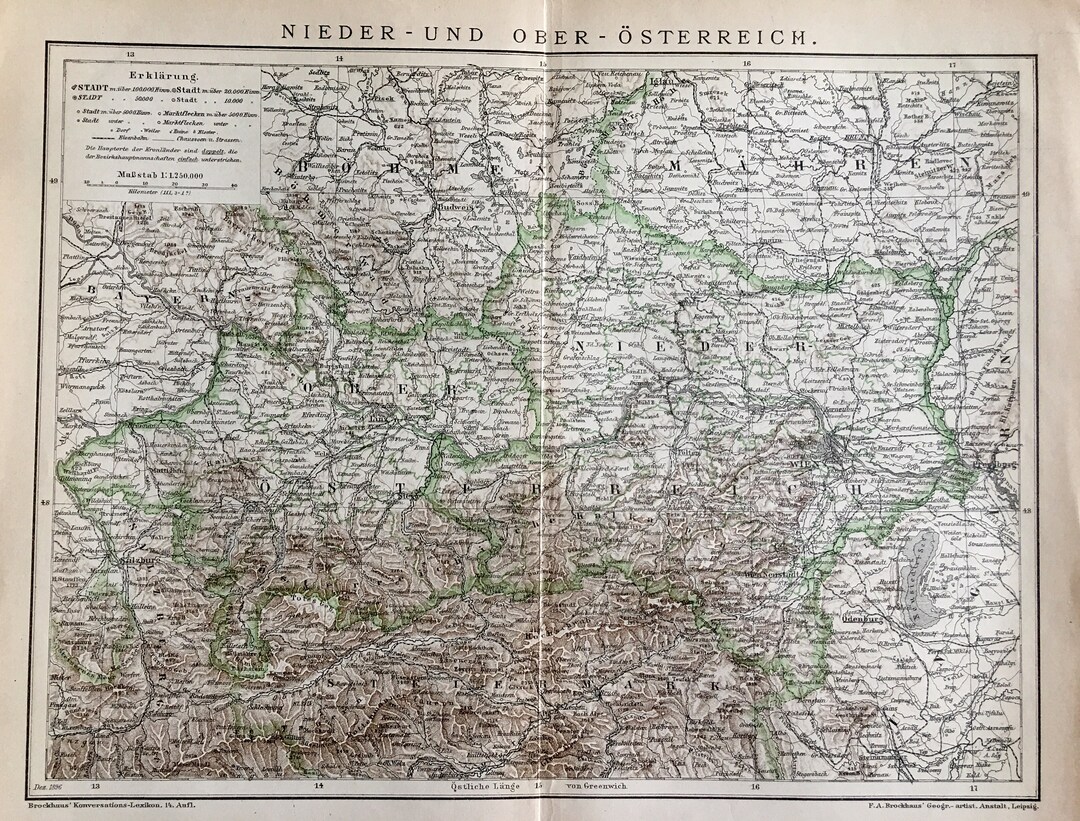 Lower and Upper Austria Antique Map 1897 Lithograph Austrian Vienna ...