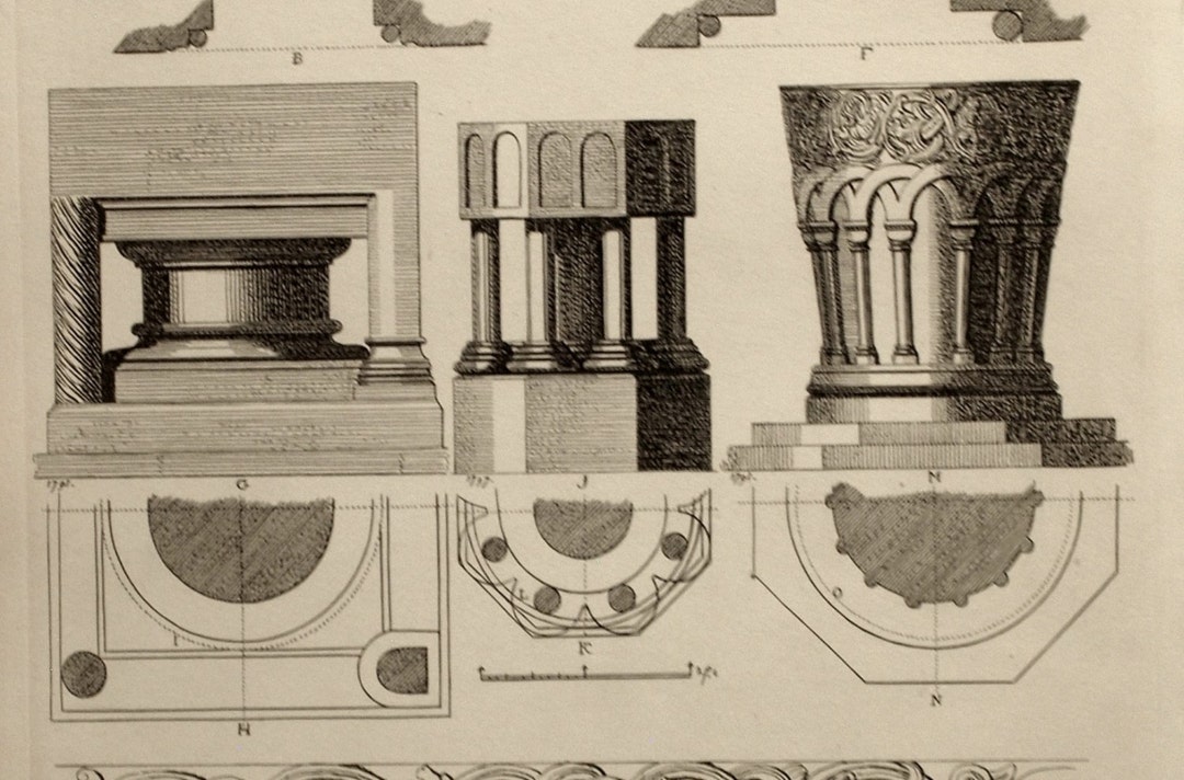 1845 Antique Print of Baptismal Fonts - Large Vintage Print - Plate 20 ...
