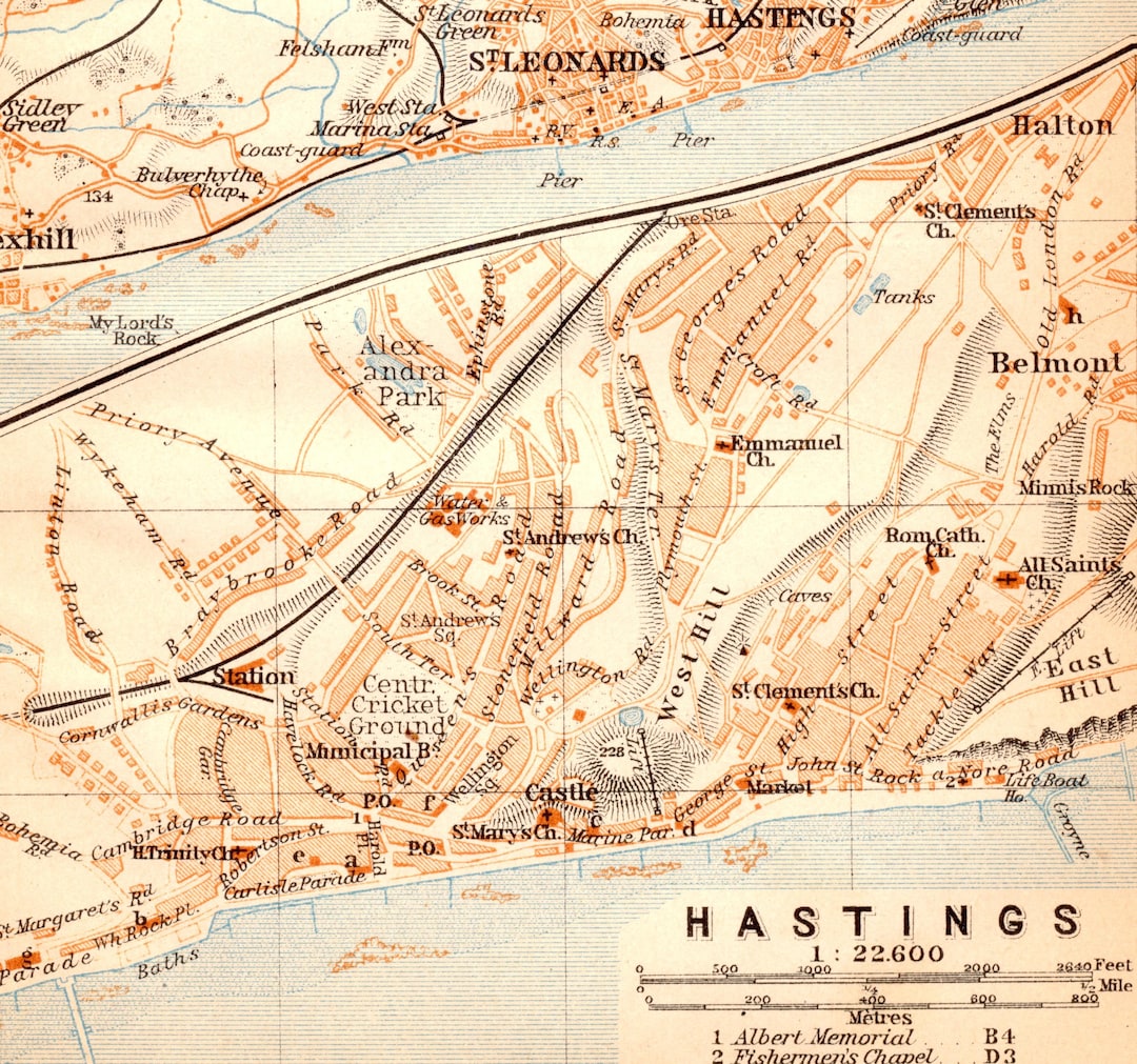 1906 Antique City Map of Hastings, UK - Essex - 1066 Battle of Hastings ...
