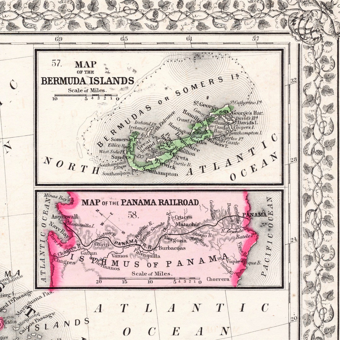 1867 Antique Mitchell Map of Mexico - Central America Map - West Indies ...