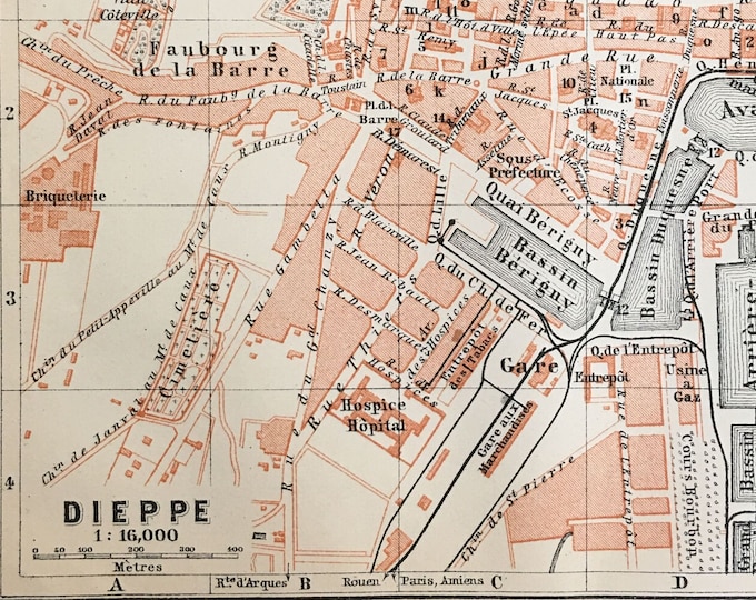 Antique 1909 Dieppe, France Map From Baedekers Guide Atlas Normandy ...