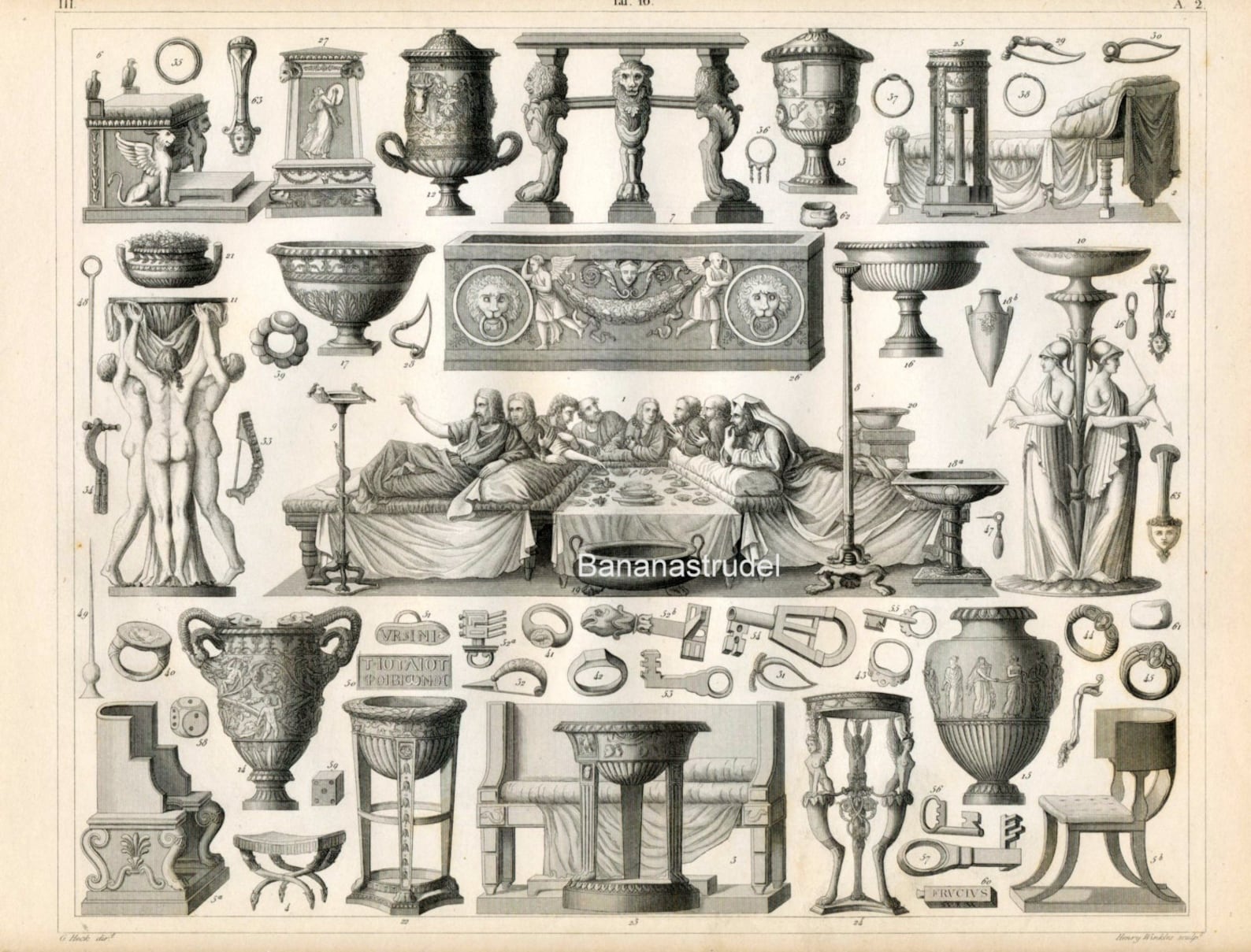 1860 Vintage Print / Antique Steel Engraving of Roman Tools and ...