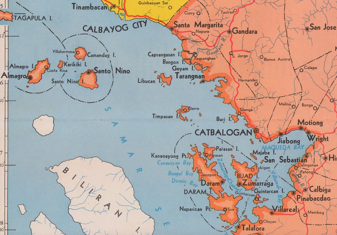 Samar, Philippines - RARE Large Vintage 1959 Map - Catbalogan ...
