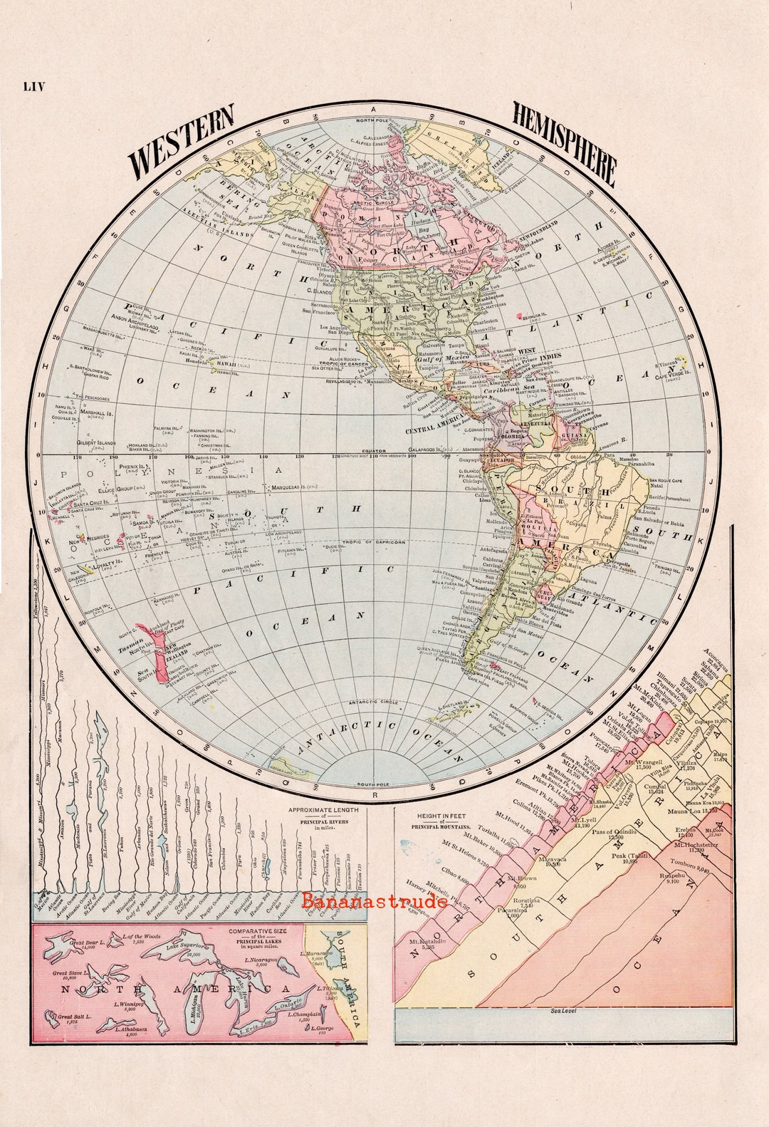 Antique Illustrated Map of the World - Western Hemisphere - 1906 Map ...
