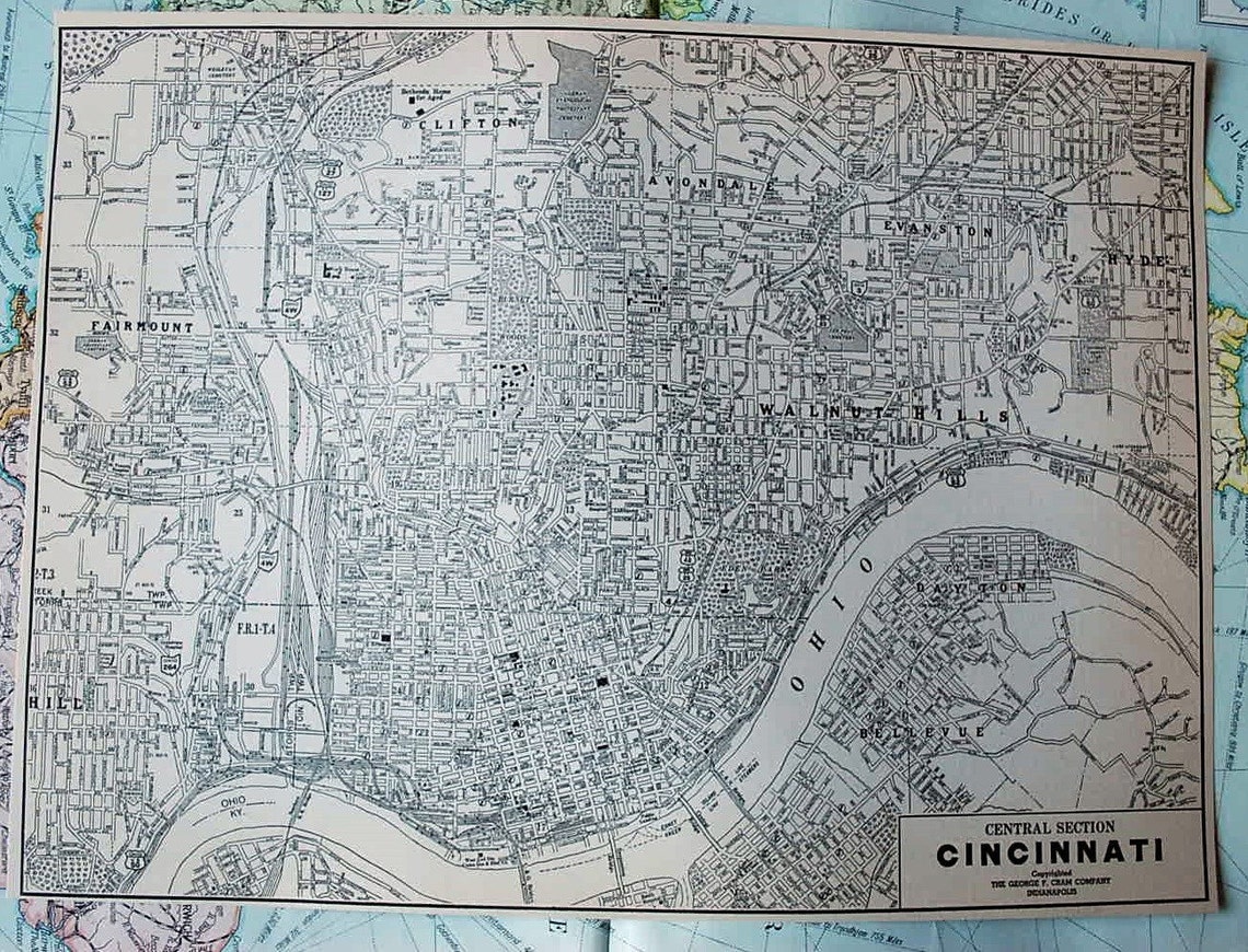 1937 Vintage Map of Cincinnati, Ohio - Vintage City Map - Old City Map ...