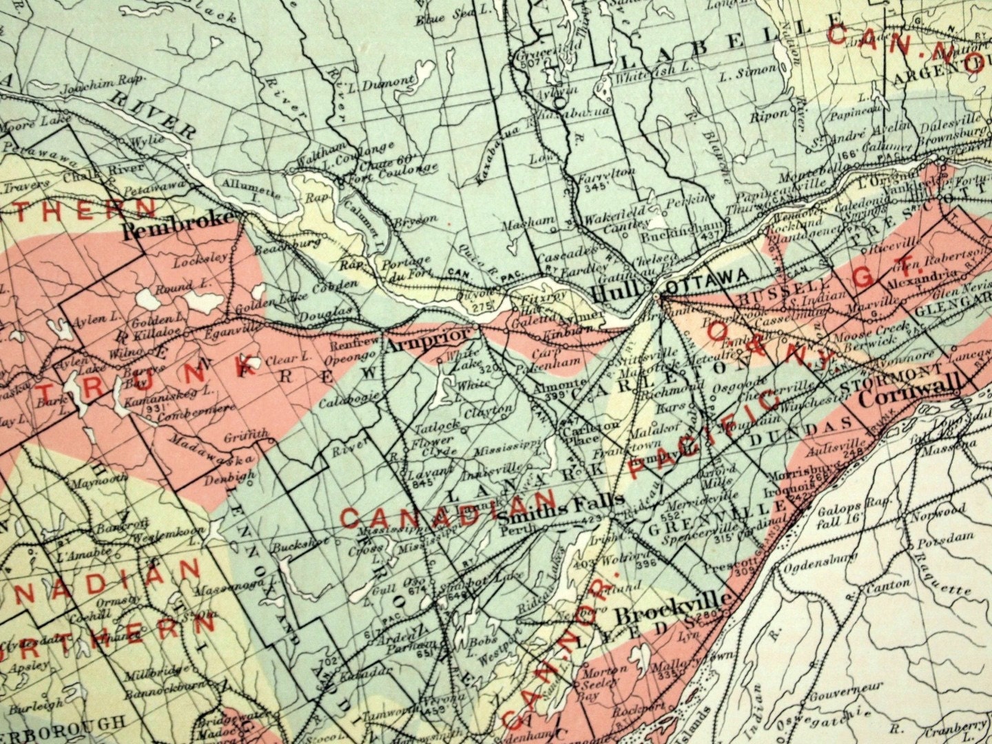 1915 Large Antique Map of Railway Territories in Ontario and Quebec ...