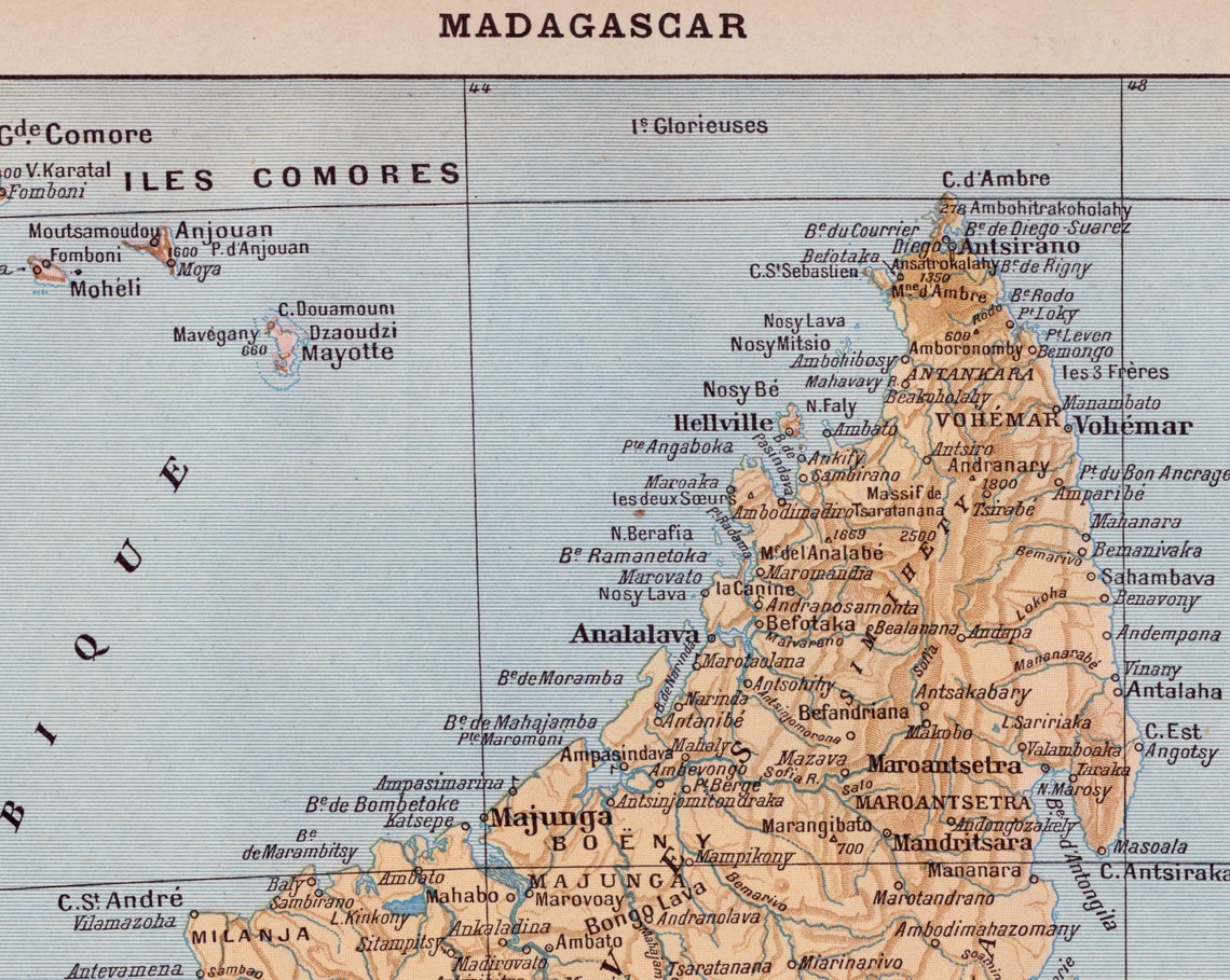 Antique Map of Madagascar, Africa - Iles Comores - Nosy Be Ile Ste ...