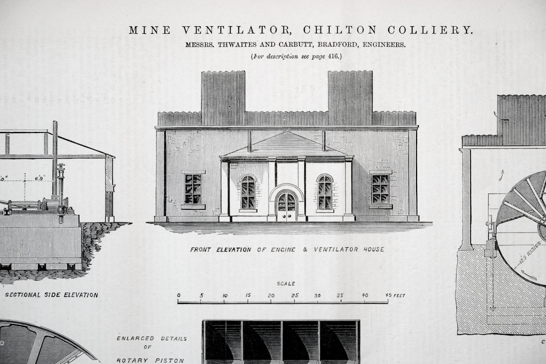 1877 Large Antique Print of a Mine Ventilator, Chilton Colliery ...