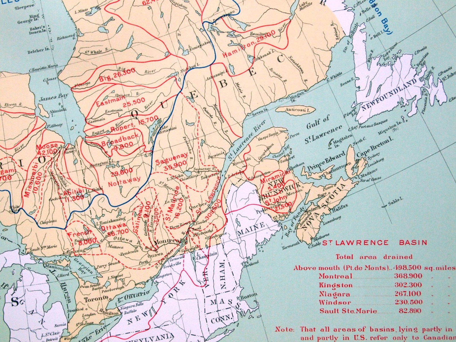1915 Large Antique Map of Canada, Showing Drainage Basins (watersheds ...