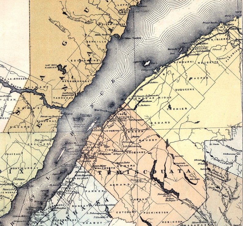 Large Antique Map of Quebec, Canada - Districts of Portneuf, Saguenay ...