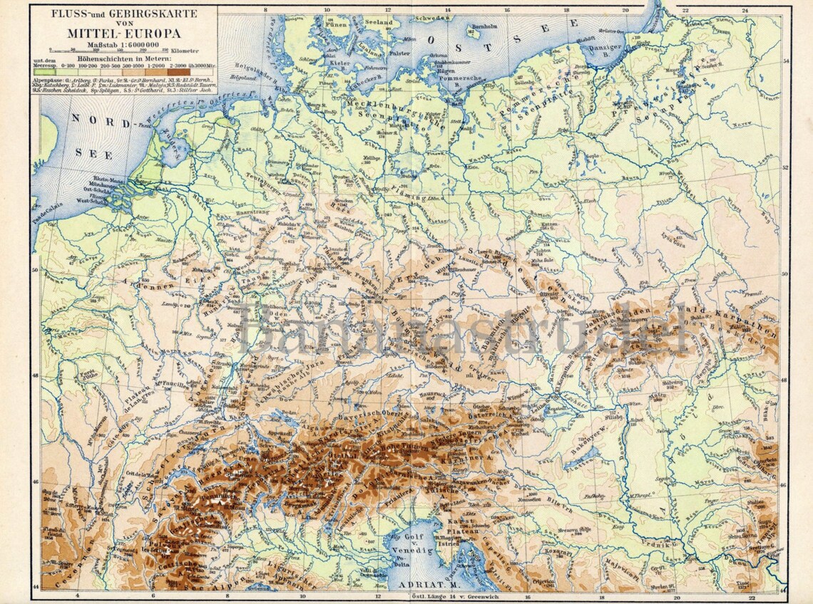 1895 German Vintage Map of Central Europe Mountains and - Etsy