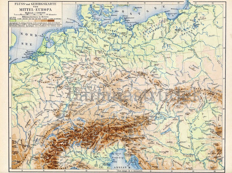 1895 German Vintage Map of Central Europe Mountains and - Etsy
