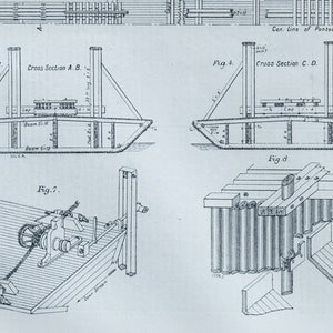 1893 Antique Engineering Drawing of a Pontoon Bridge Across the ...