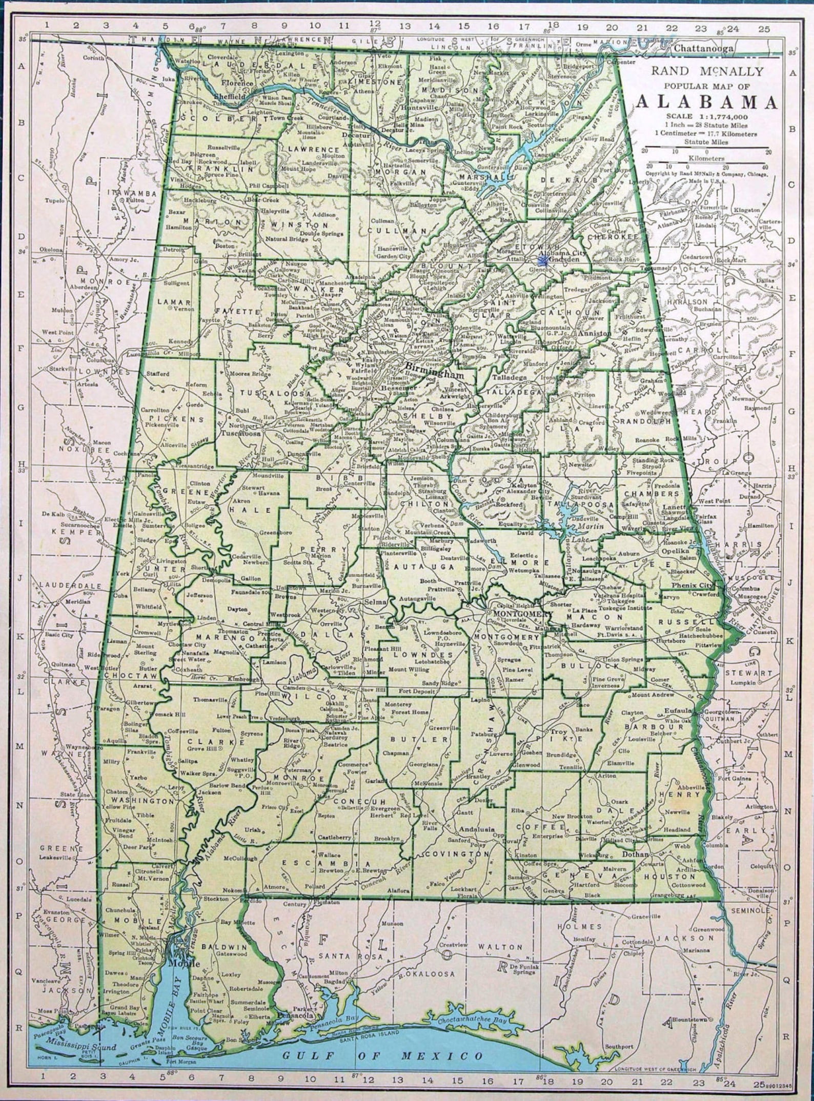 1943 Blue and Emerald Green Vintage Map of Alabama - Etsy