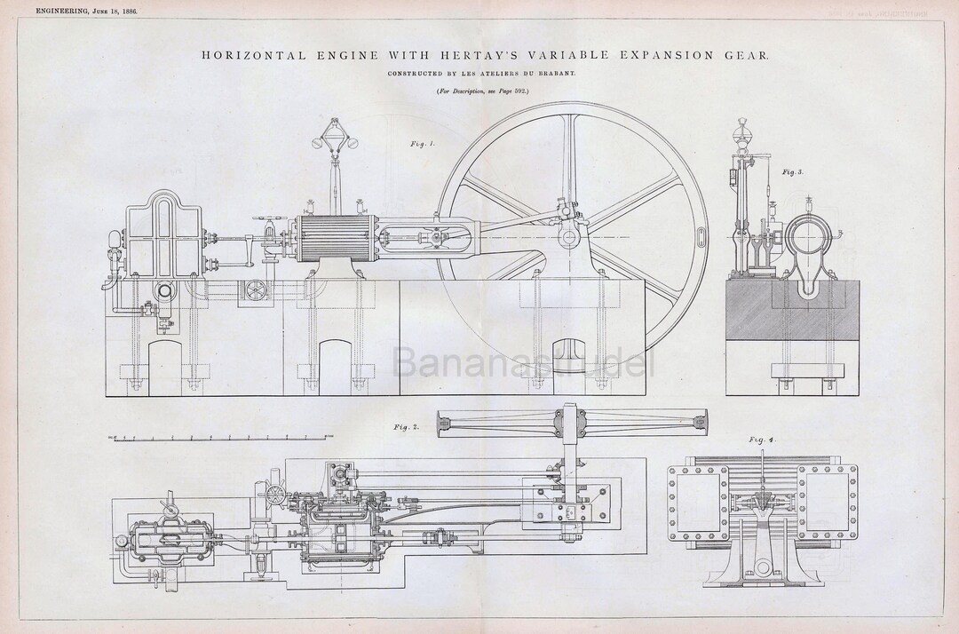1886 Large Antique Print of a Horizontal Engine With Hertav's Variable ...
