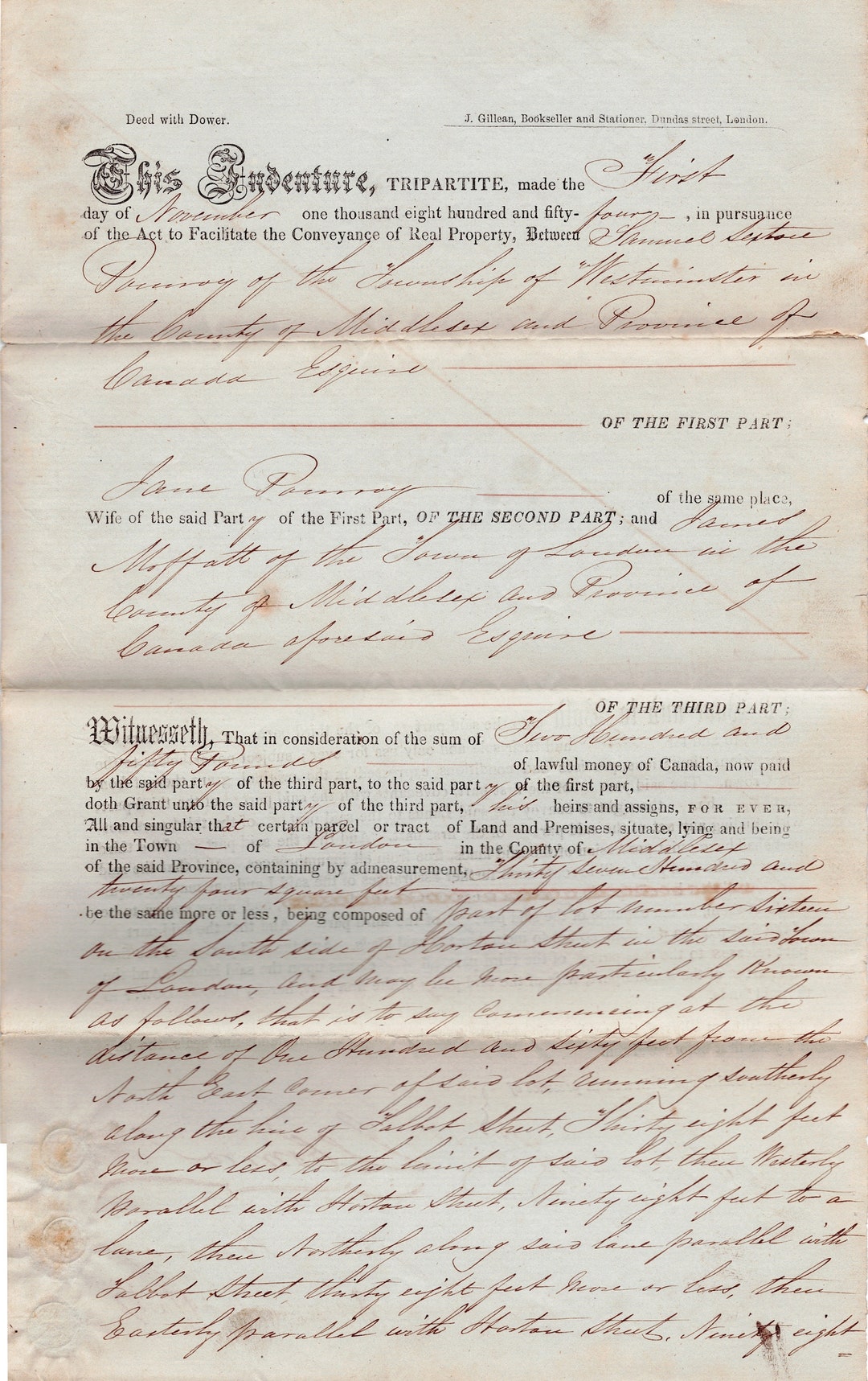 Antique Deed of Bargain and Sale - 1854 Real Estate Property of Samuel ...
