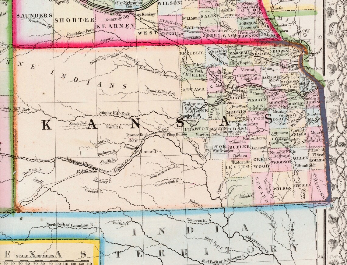 1867 Antique Hand-coloured Mitchell Map of Kansas Nebraska - Etsy