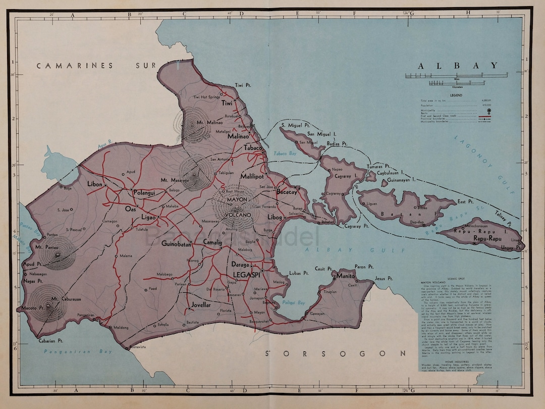 Albay, Philippines - RARE Large Vintage 1959 Map - Legaspi - Mayon ...