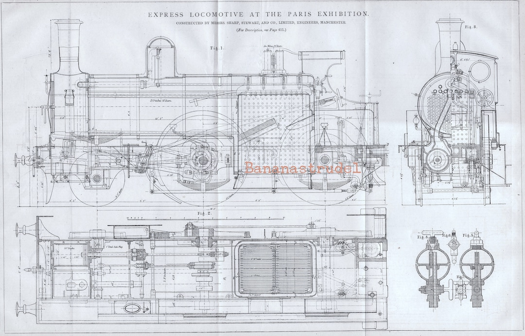 1878 Blueprint of Express Locomotive at the Paris Exhibition - Railway ...