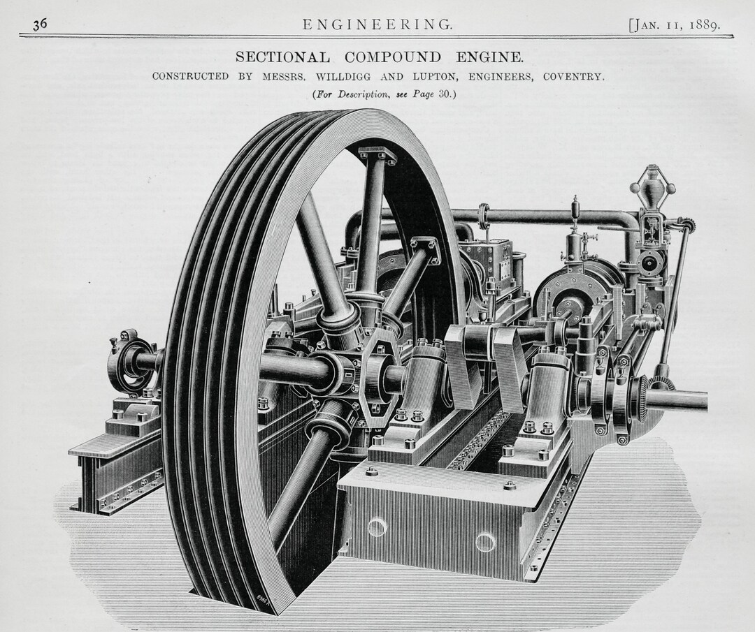 1889 Antique Print of a Sectional Compound Engine - Victorian Technical ...