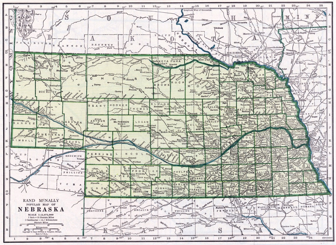 1940s Vintage Map of Nebraska Blue and Emerald Green Map | Etsy