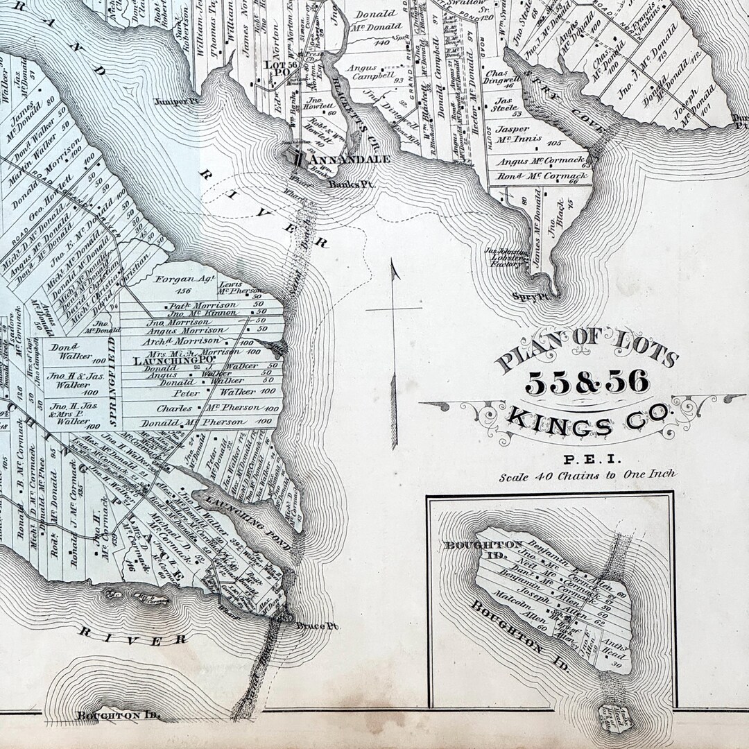 1880 Large Rare Vintage Map of Lots 55 and 56, Kings County, PEI. With ...