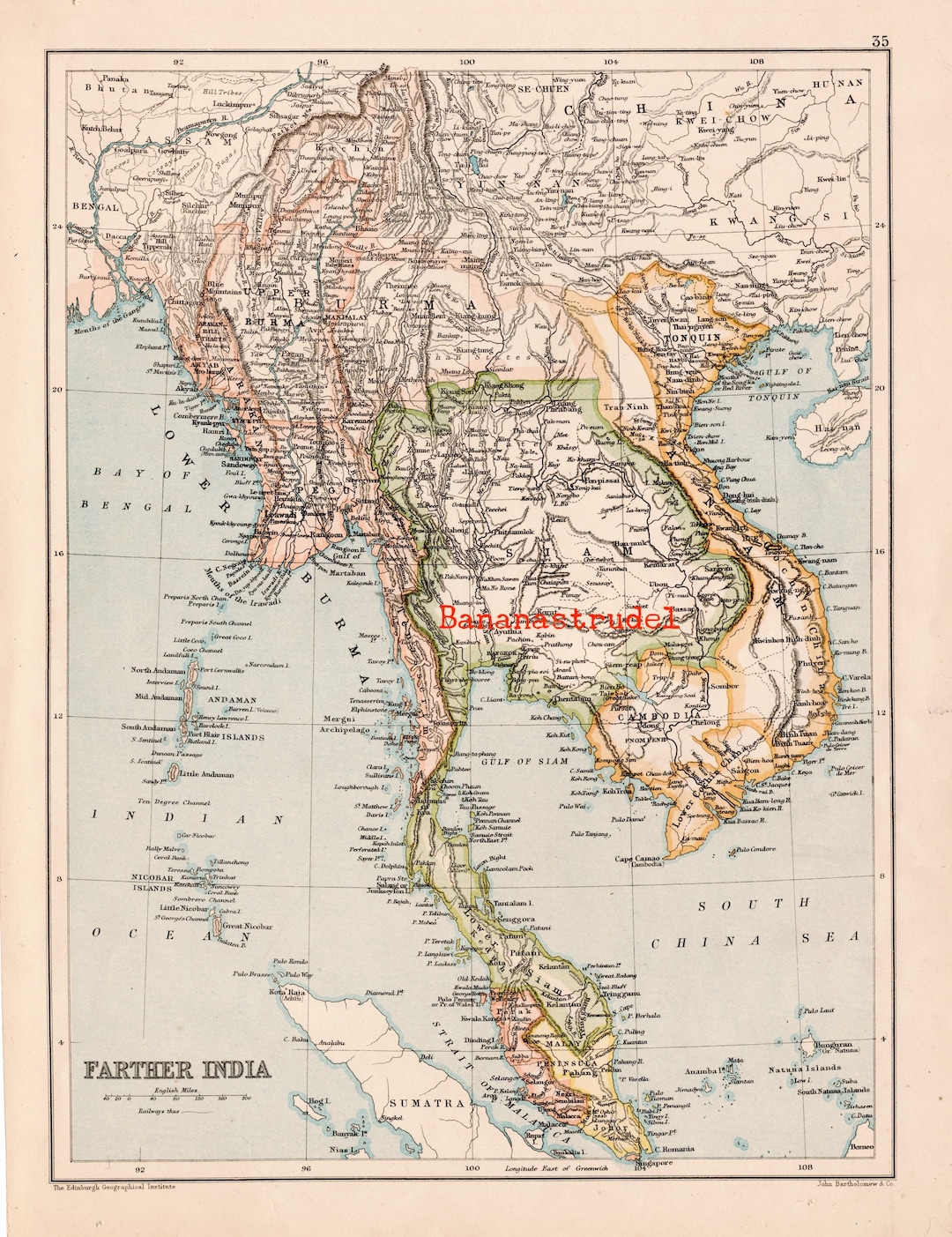 Antique Map of Farther India - Southeast Asia - Indochina - Cambodia ...