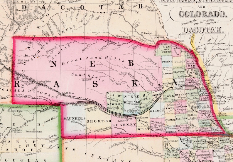 1867 Antique Hand-coloured Mitchell Map of Kansas, Nebraska, Colorado ...