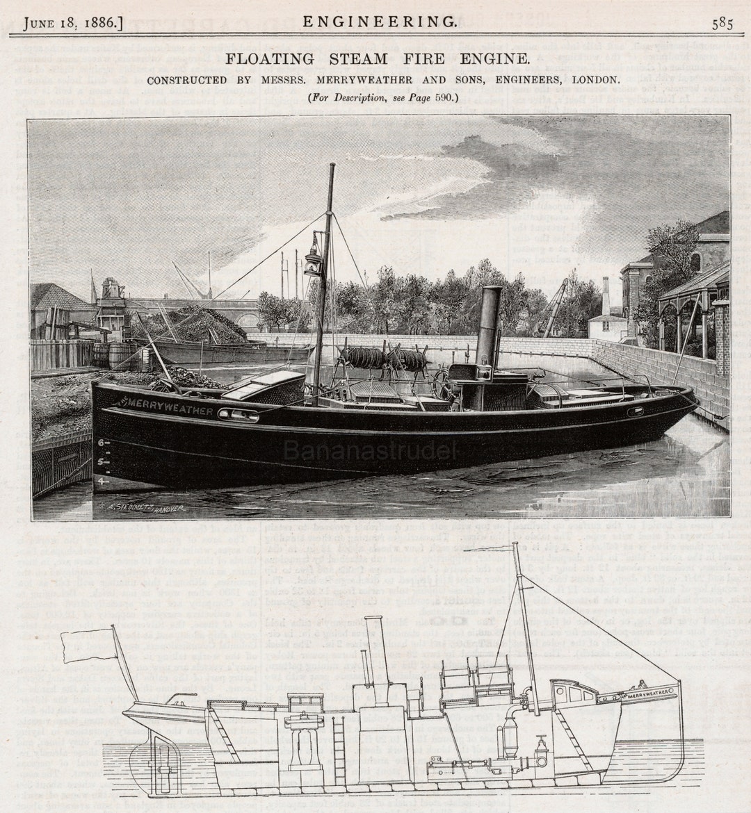 Antique Print of a Floating Steam Fire Engine - June 18, 1886 - Etsy