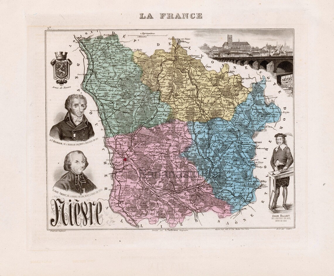 1883 Antique Map of Nievre France Nevers Vintage | Etsy