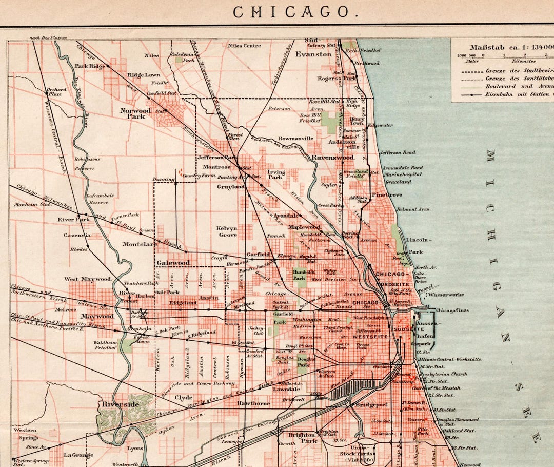 Chicago Map From 1890s - Antique German Map - Etsy