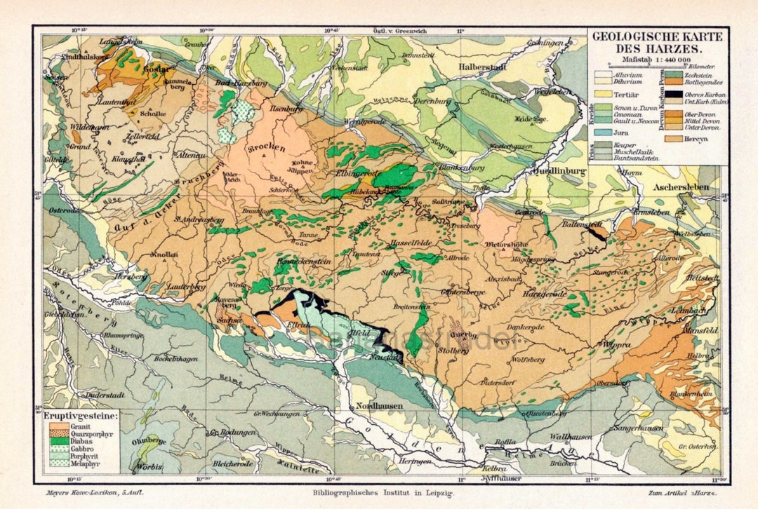 1895 Antique German Geologial Map of the Harz Mountain Range, Germany ...