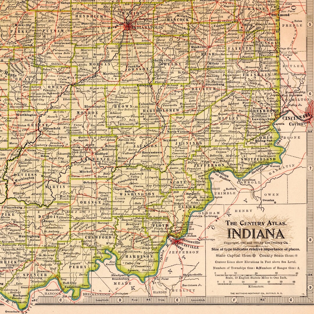 1911 Century Atlas Vintage Map of Indiana - Antique Indiana Map - Old ...