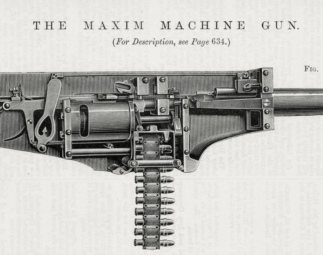 1885 Antique Engineering Drawing of the Maxim Machine Gun Victorian ...