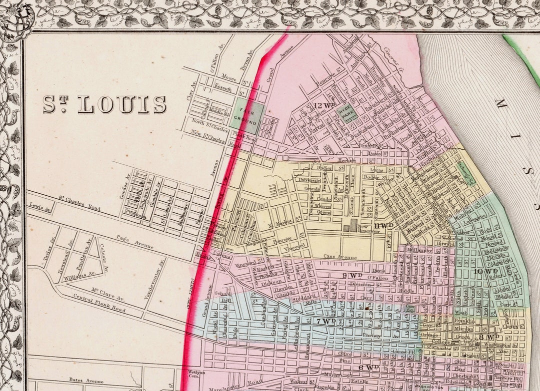 1867 Antique Mitchell City Map of Saint Louis, Missouri - Rare Hand ...