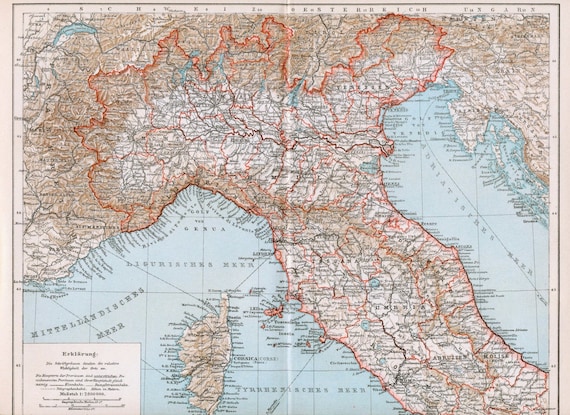 1894 German Antique Map of the Northern and Central Italy | Etsy