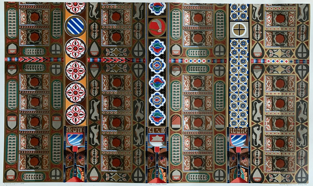 1858 Large Antique Architectural Colour Lithograph of Ceiling in One of ...